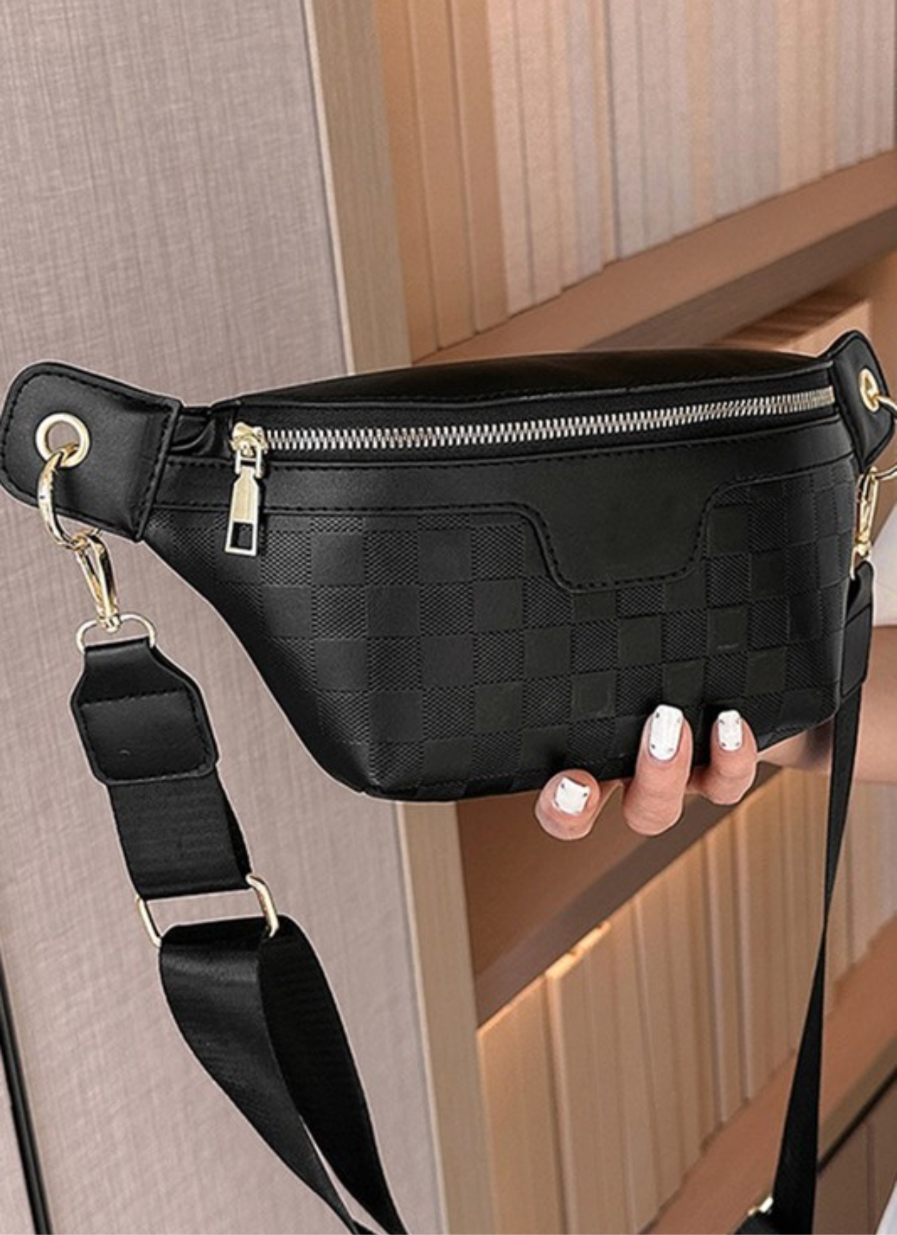 Black Vegan Leather Checkered Crossbody