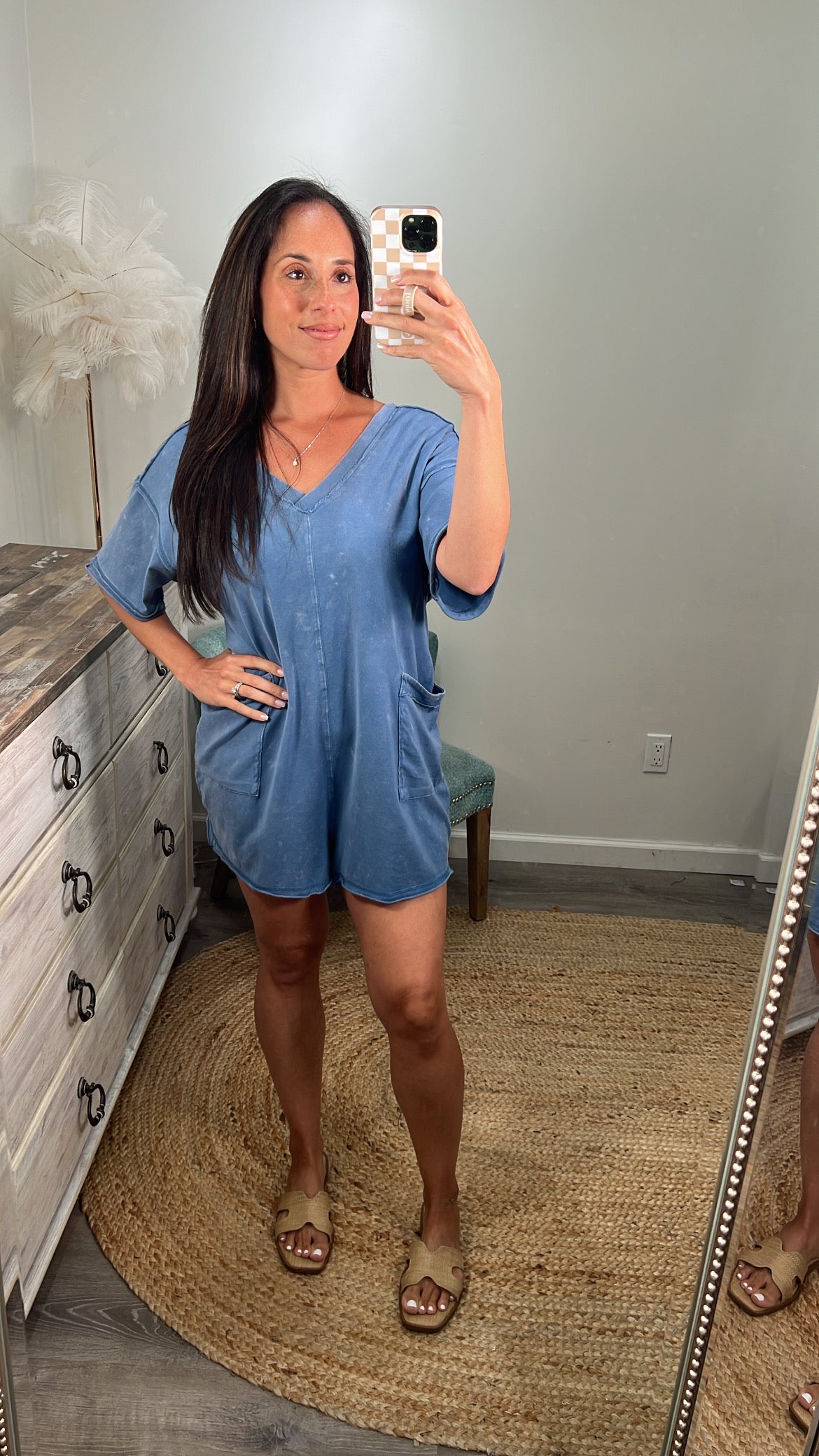 Mineral Washed Oversized Cotton Romper - Blue